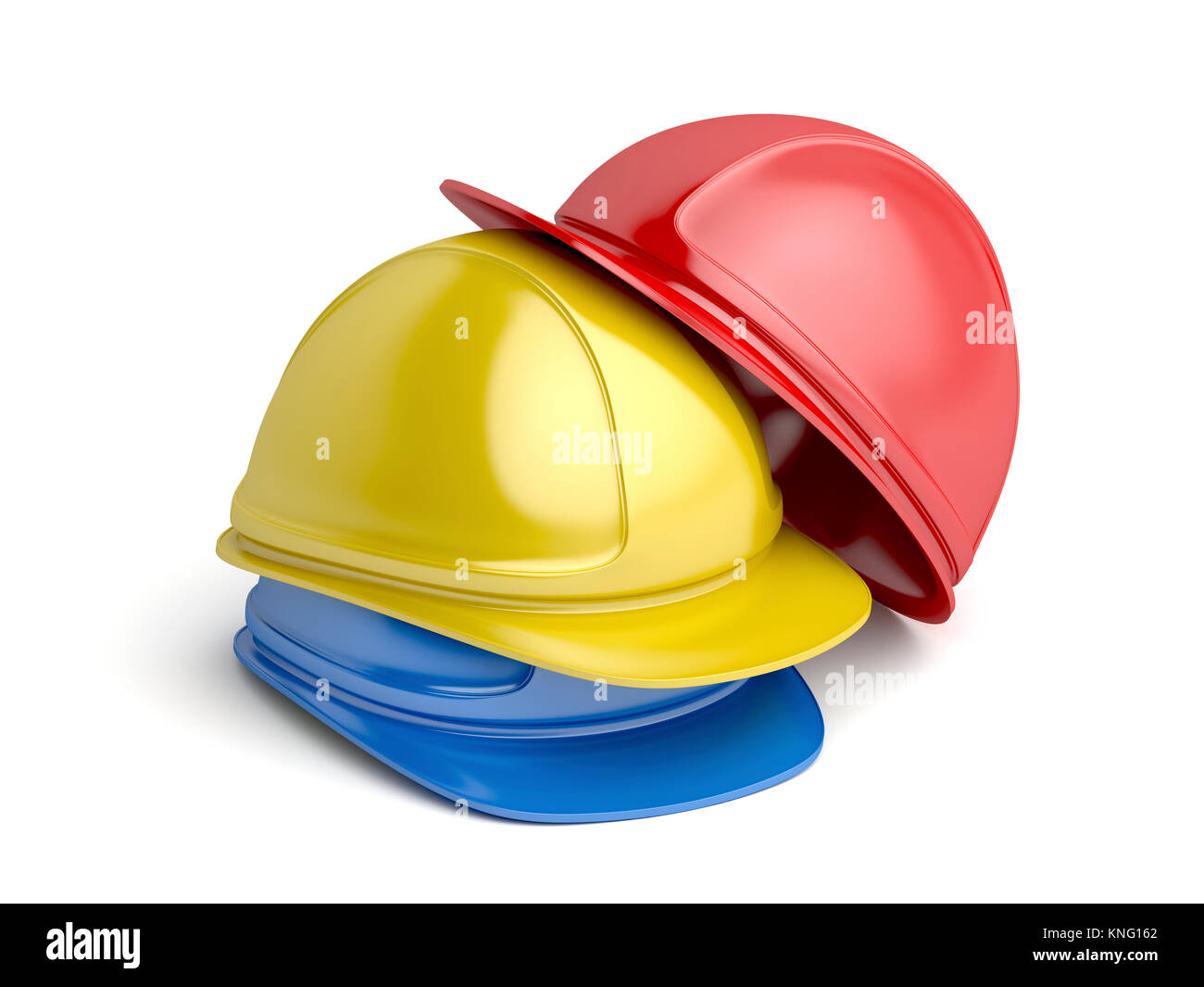 Red, yellow and blue safety helmets on white background Stock Photo - Alamy