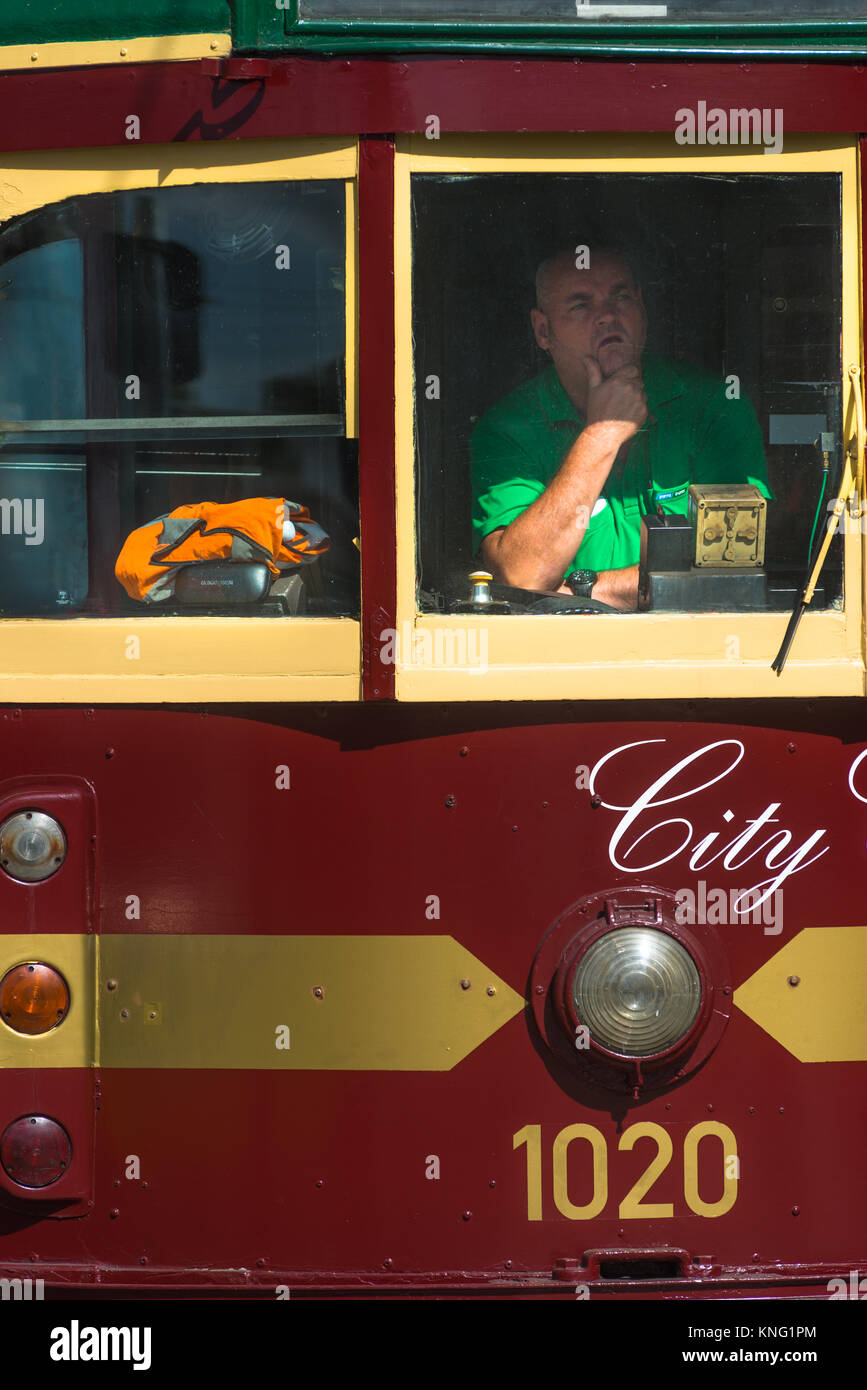 Closeup of traditional Tram with driver in Melbourne city centre ...