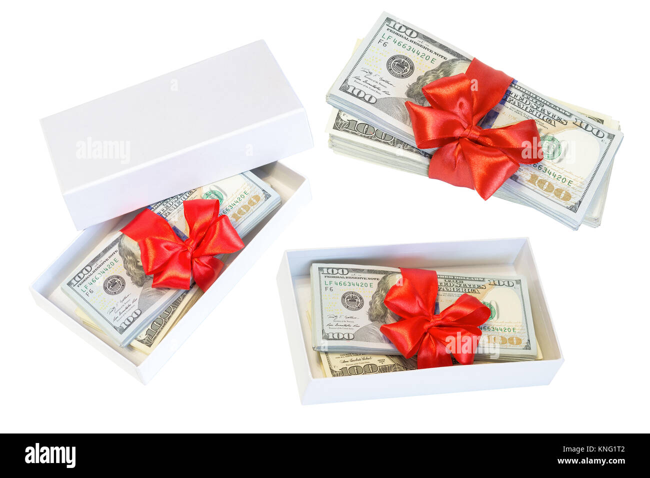 Set of christmas dollar cash present box with red bow Isolated on white ...