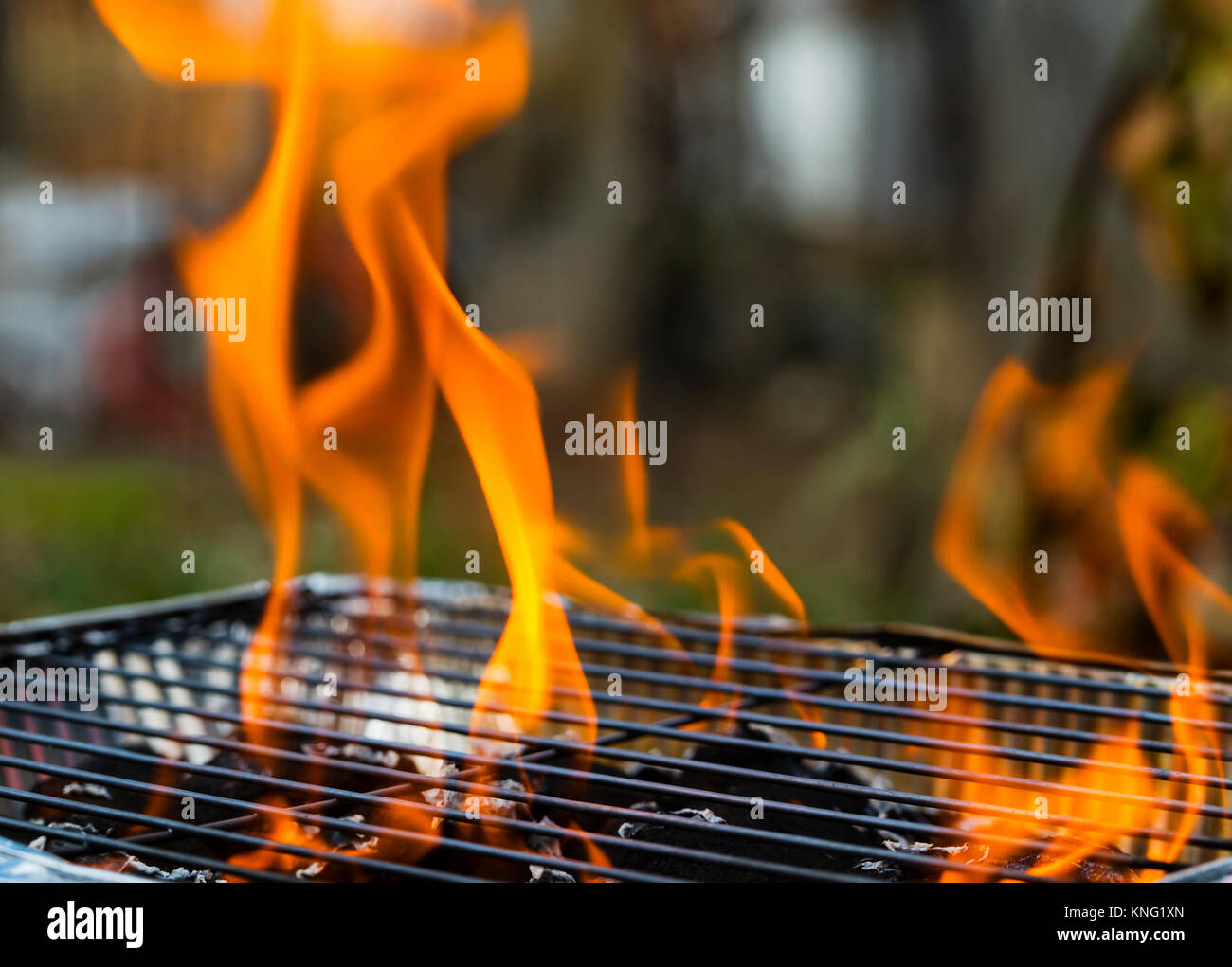 Burning flames and barbecue closeup Stock Photo - Alamy