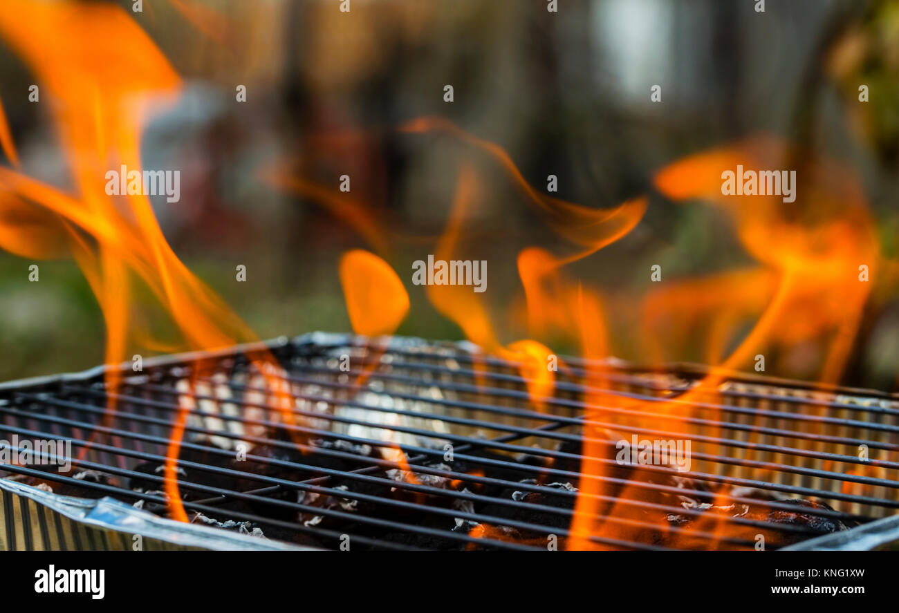 Burning flames and barbecue closeup Stock Photo - Alamy