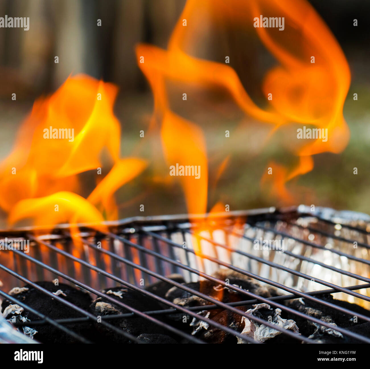 Burning flames and barbecue closeup Stock Photo - Alamy