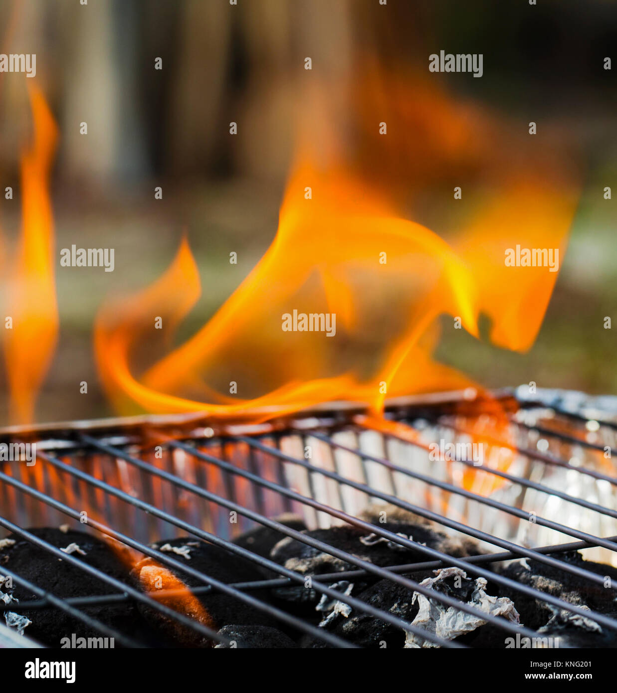 Burning flames and barbecue closeup Stock Photo - Alamy