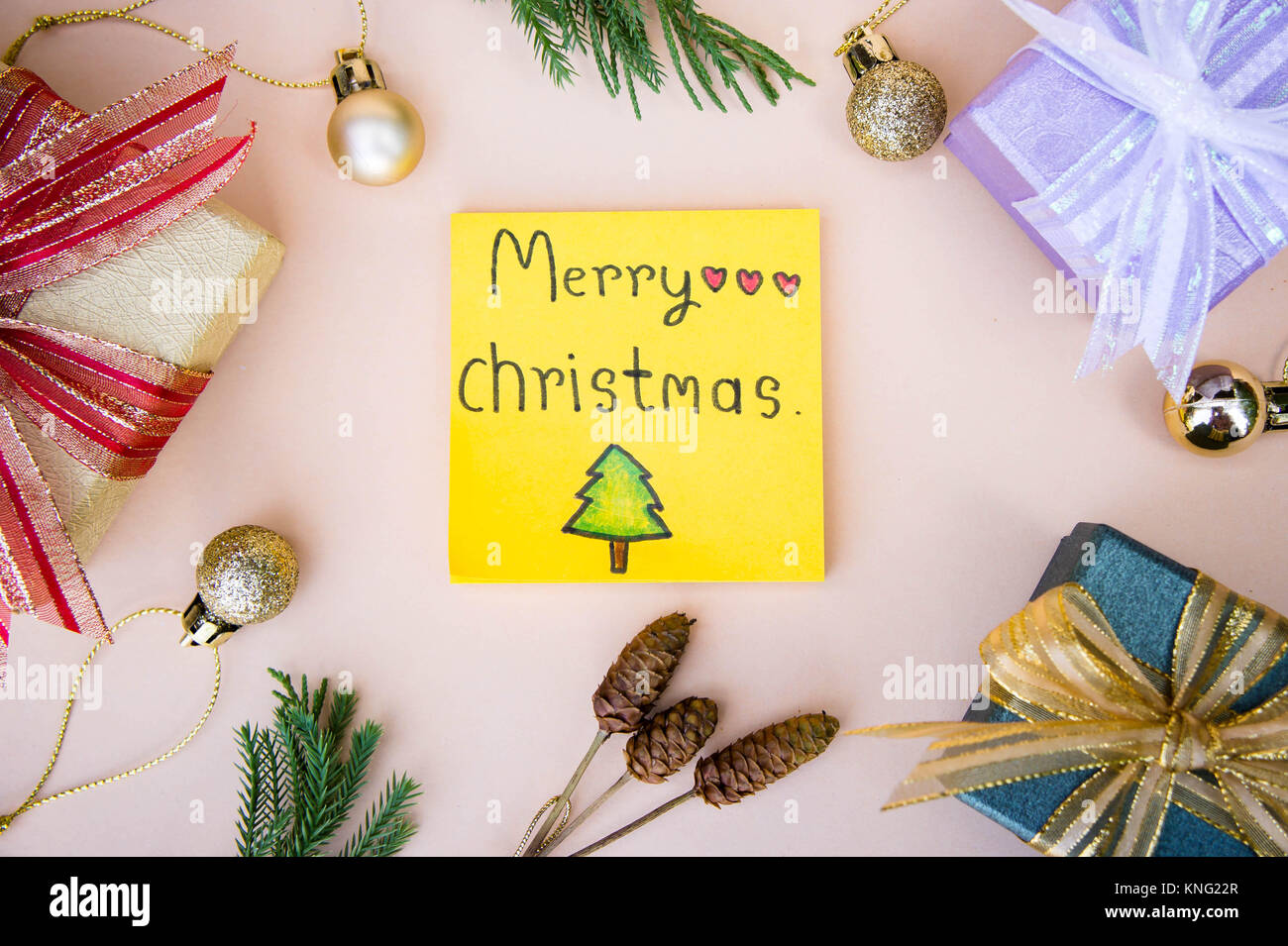christmas background and paper note merry christmas decor on background ...