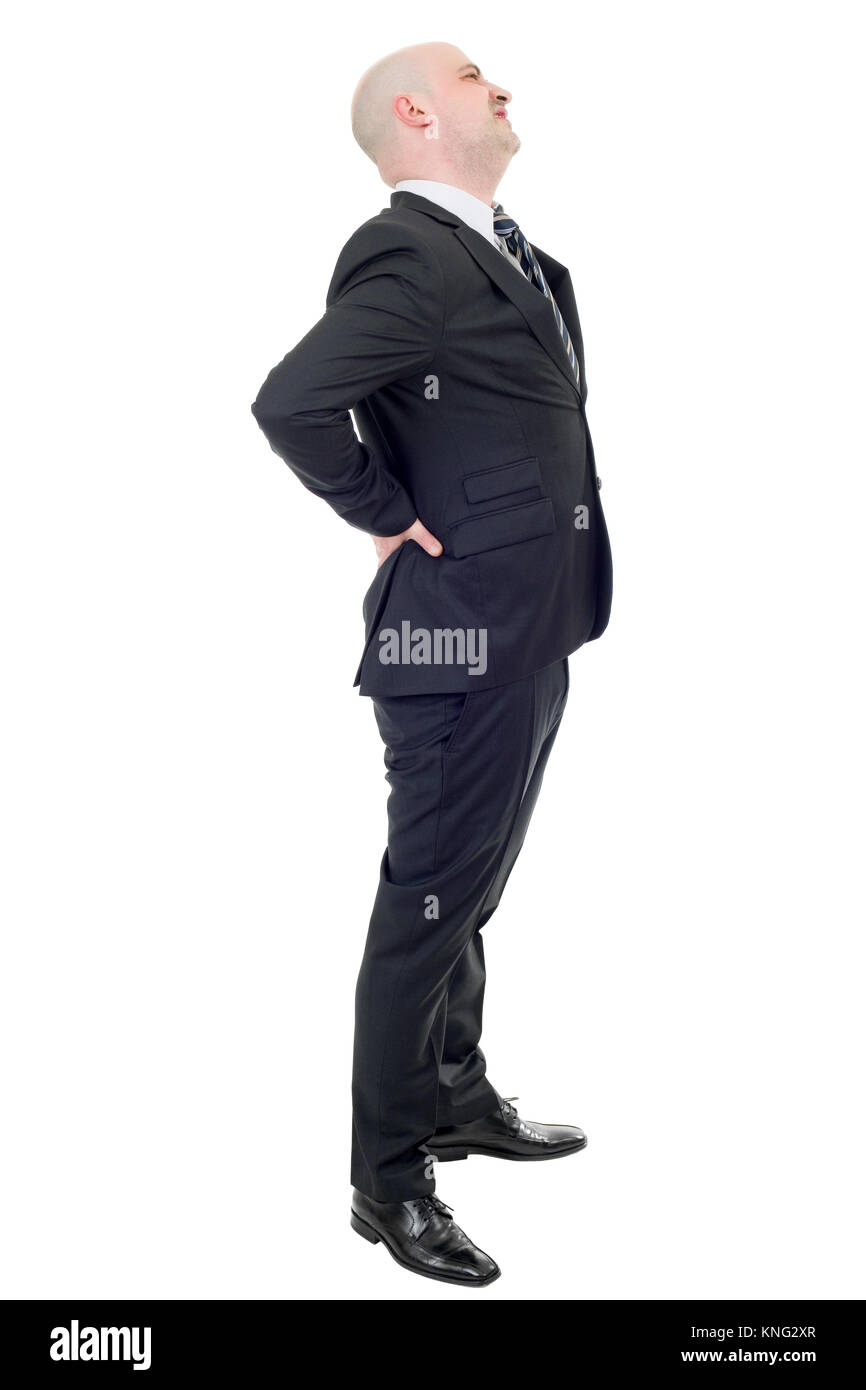 Young businessman with strong back pain, full lenght, isolated on white ...