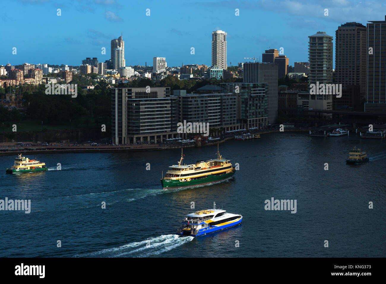 Aerial view of Ferries on their approach to Circular quay with ...