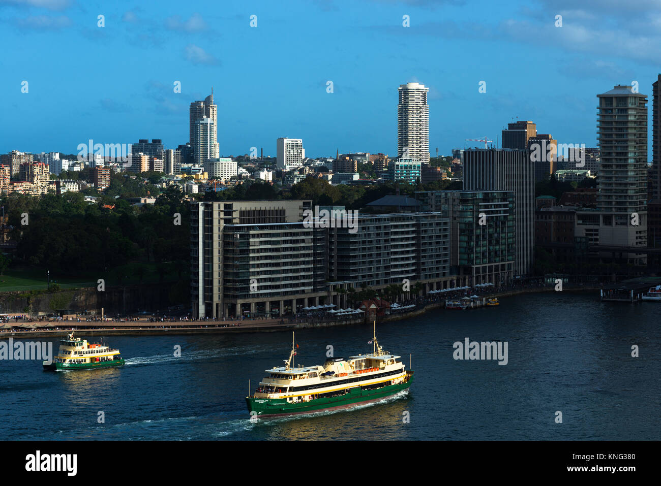 Aerial view of Ferries on their approach to Circular quay with ...