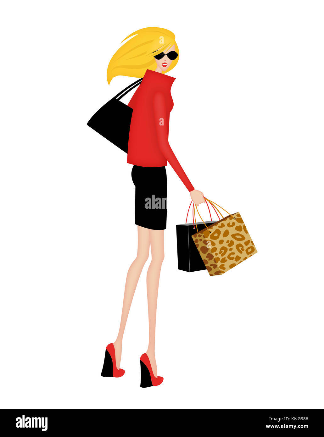 Trendy young woman with shopping bags turning around to look back ...