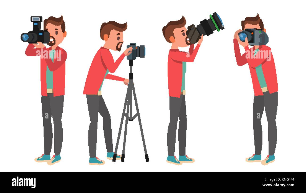Professional Photographer Vector. Male In Different Poses. Lights And ...