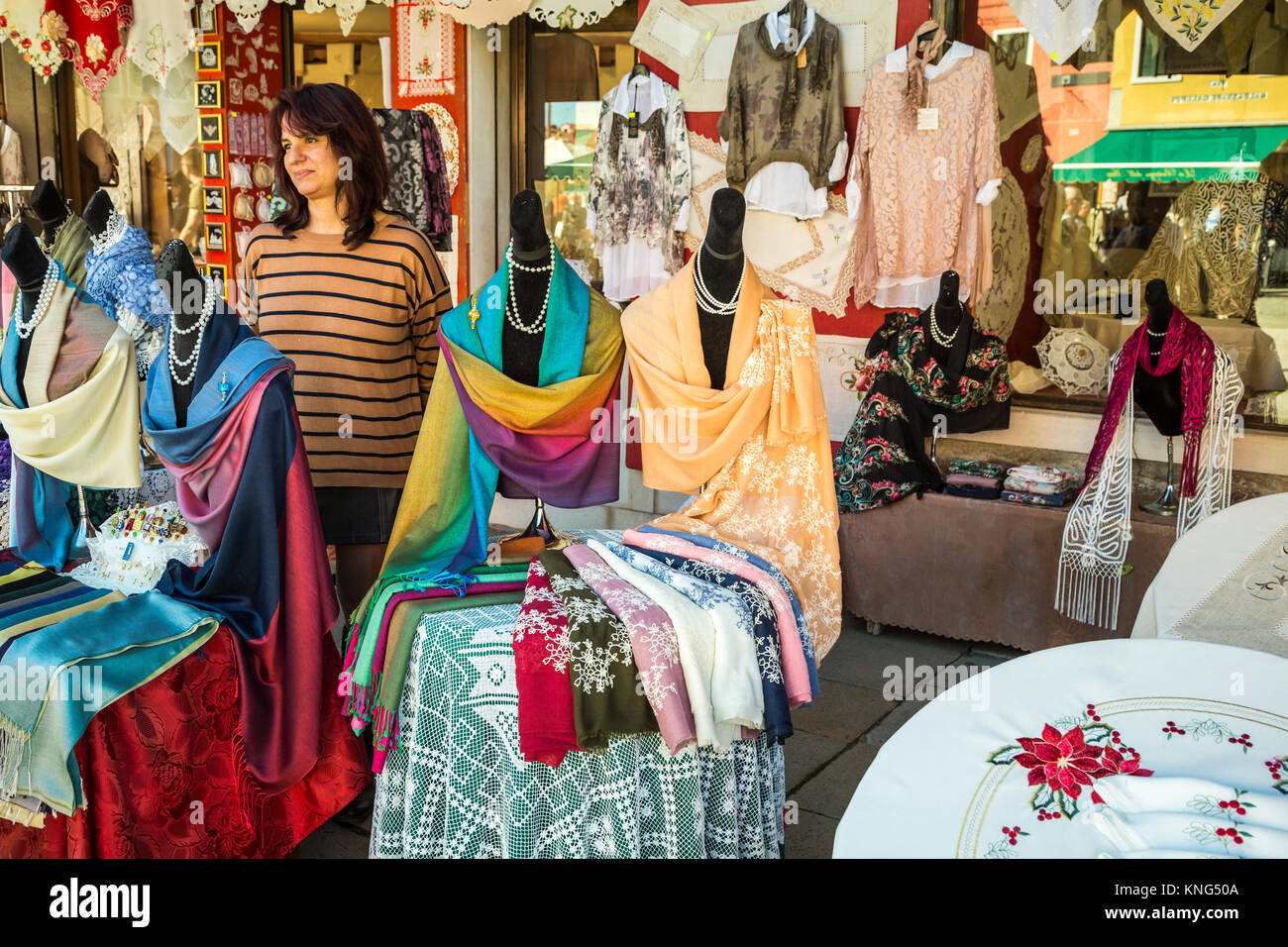 A lace shop display in the Venetian village of Burano, Venice, Italy ...