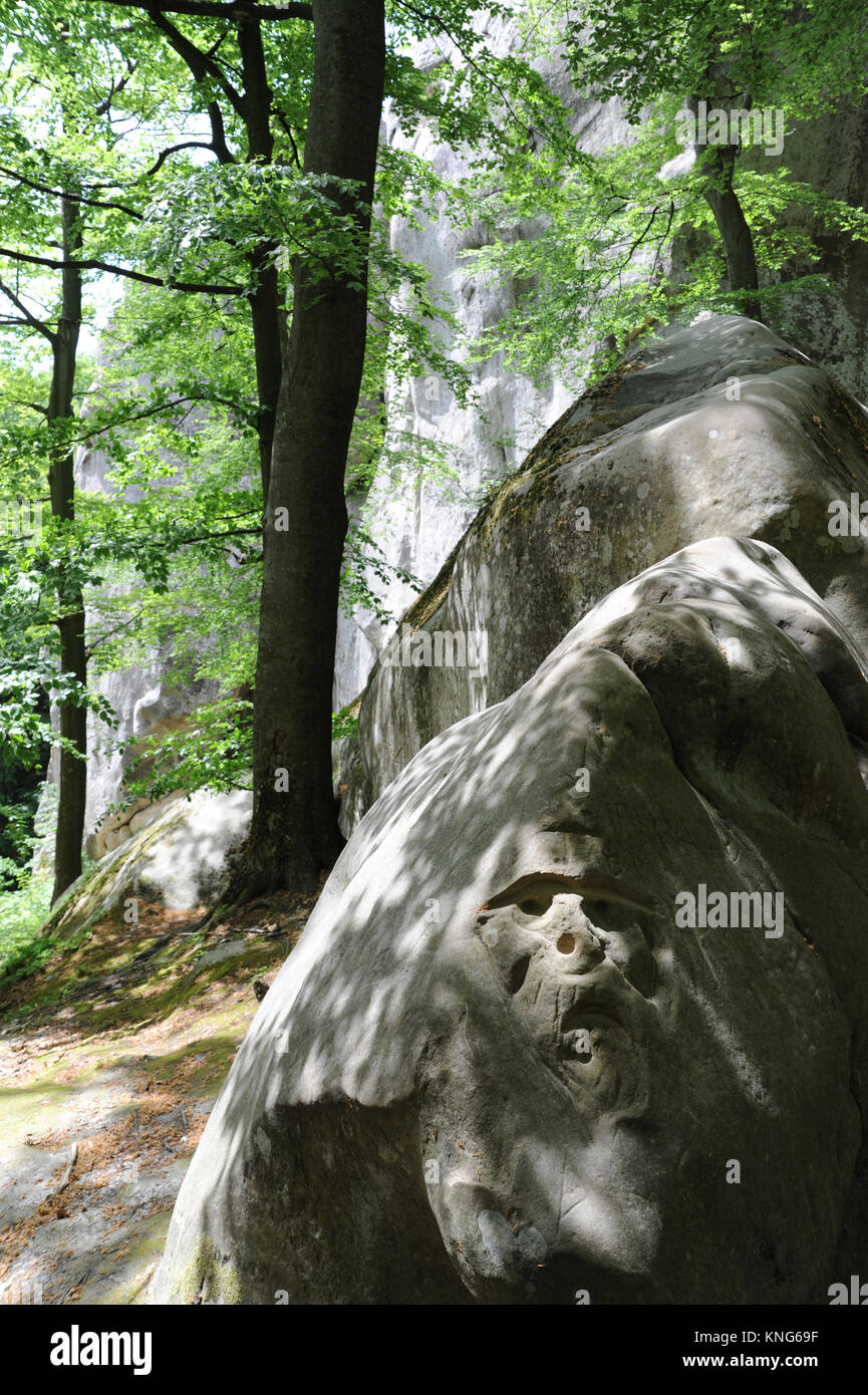 Stone boulder carved with the anthropomorphic image. Rock-cave complex ...