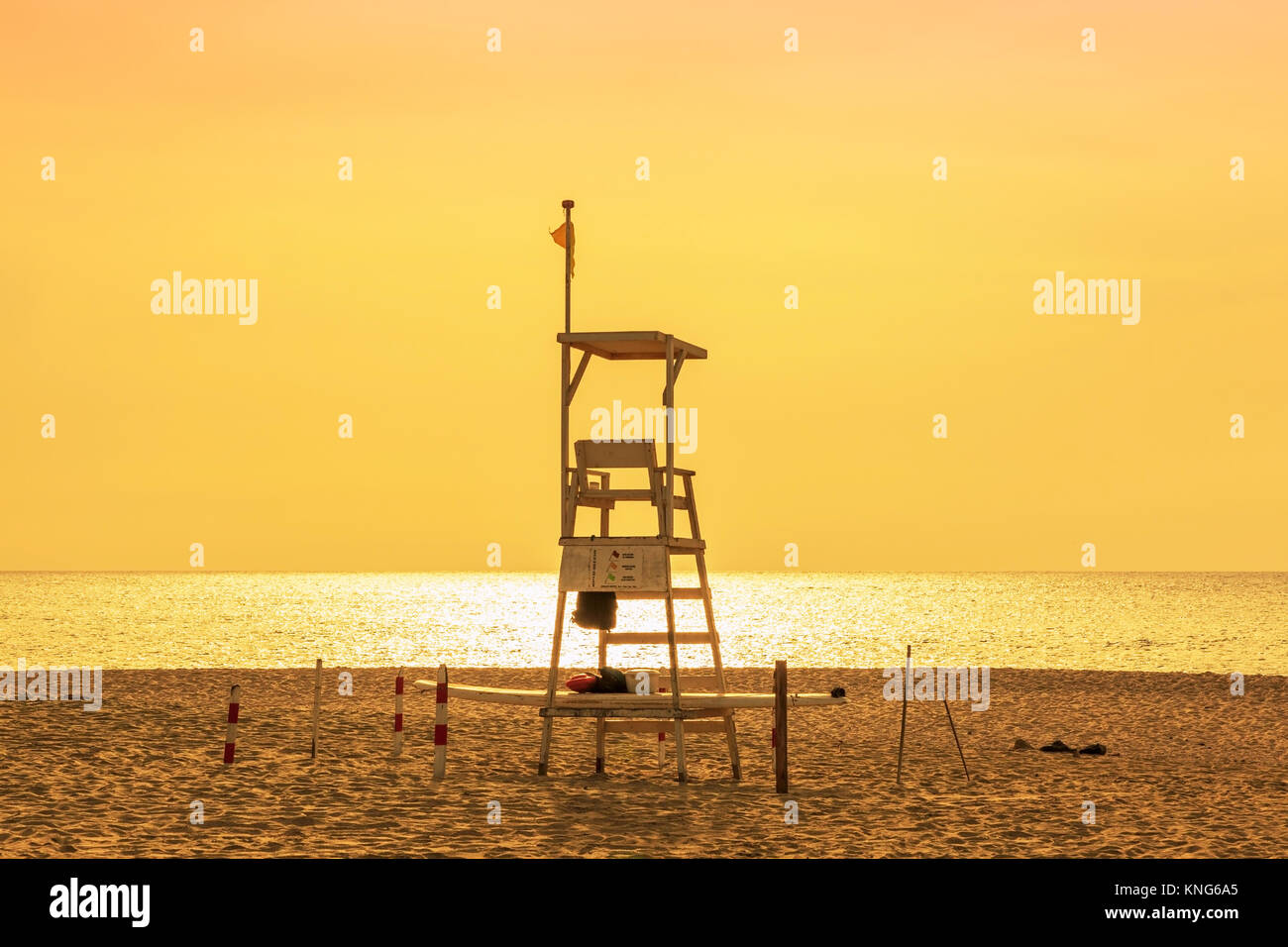 Empty lifeguard station at sunset on Bikini Beach, near Santa Maria ...