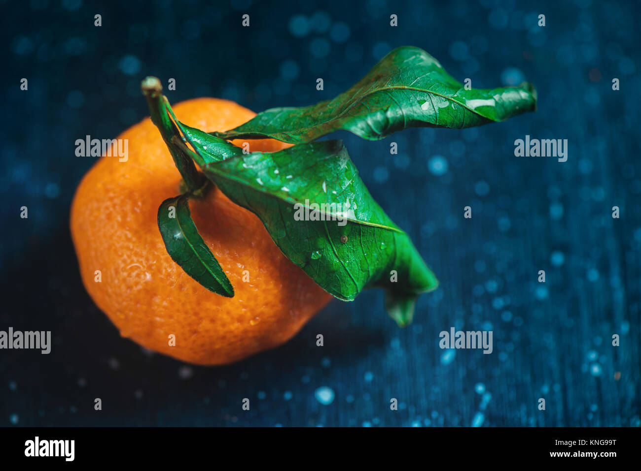 Tangerine close-up on a dark background. Water drops on a surface and ...