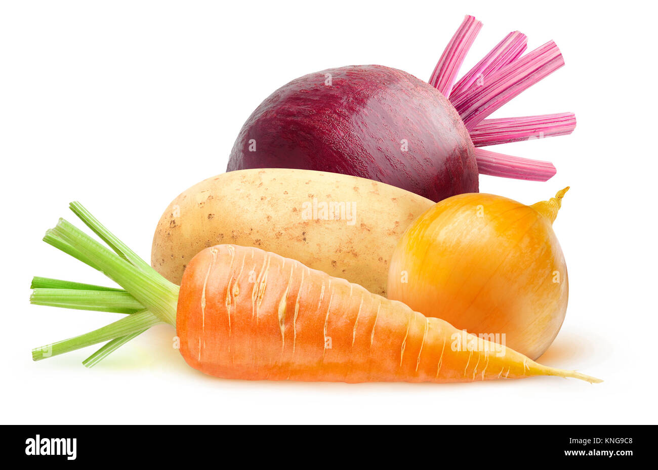 Isolated root vegetables. Raw carrot, potato, beetroot and onion ...
