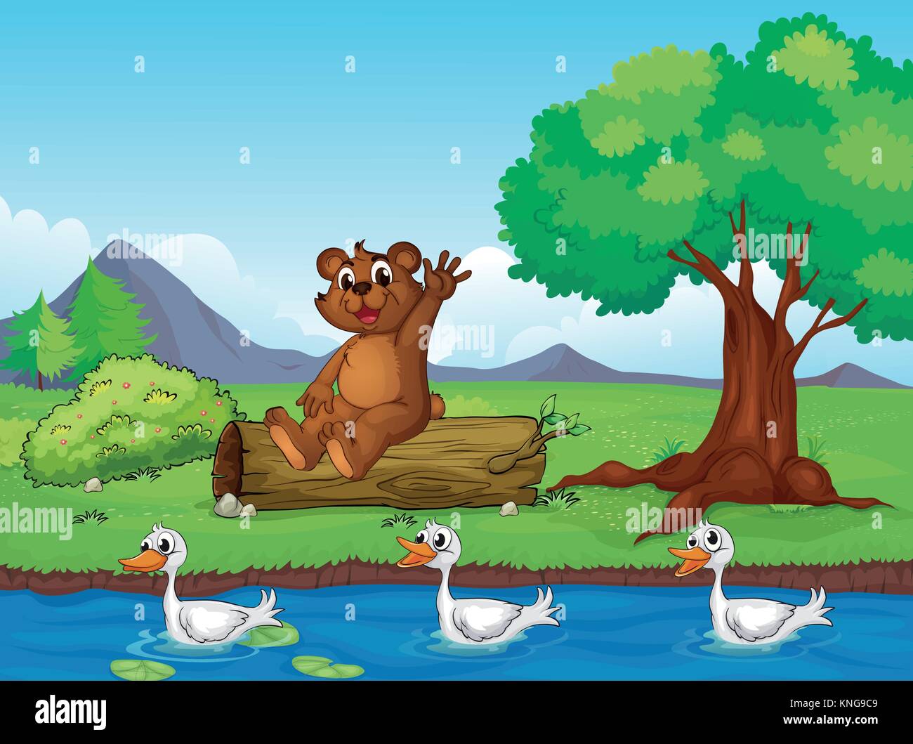 Illustration of a smiling bear and ducks in a beautiful nature Stock ...