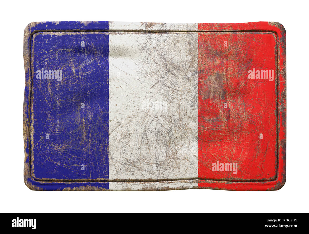 3d rendering of a France flag over a rusty metallic plate. Isolated on ...