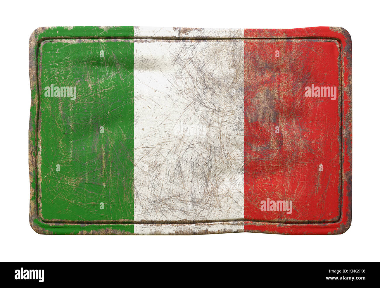 3d rendering of an Italy flag over a rusty metallic plate. Isolated on ...