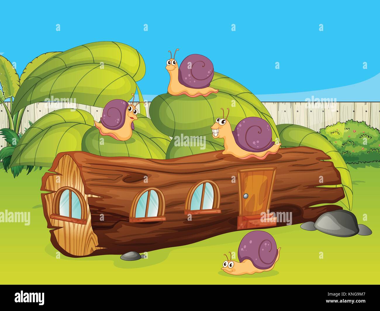 Illustration of snails and a wood house in a green nature Stock Vector ...