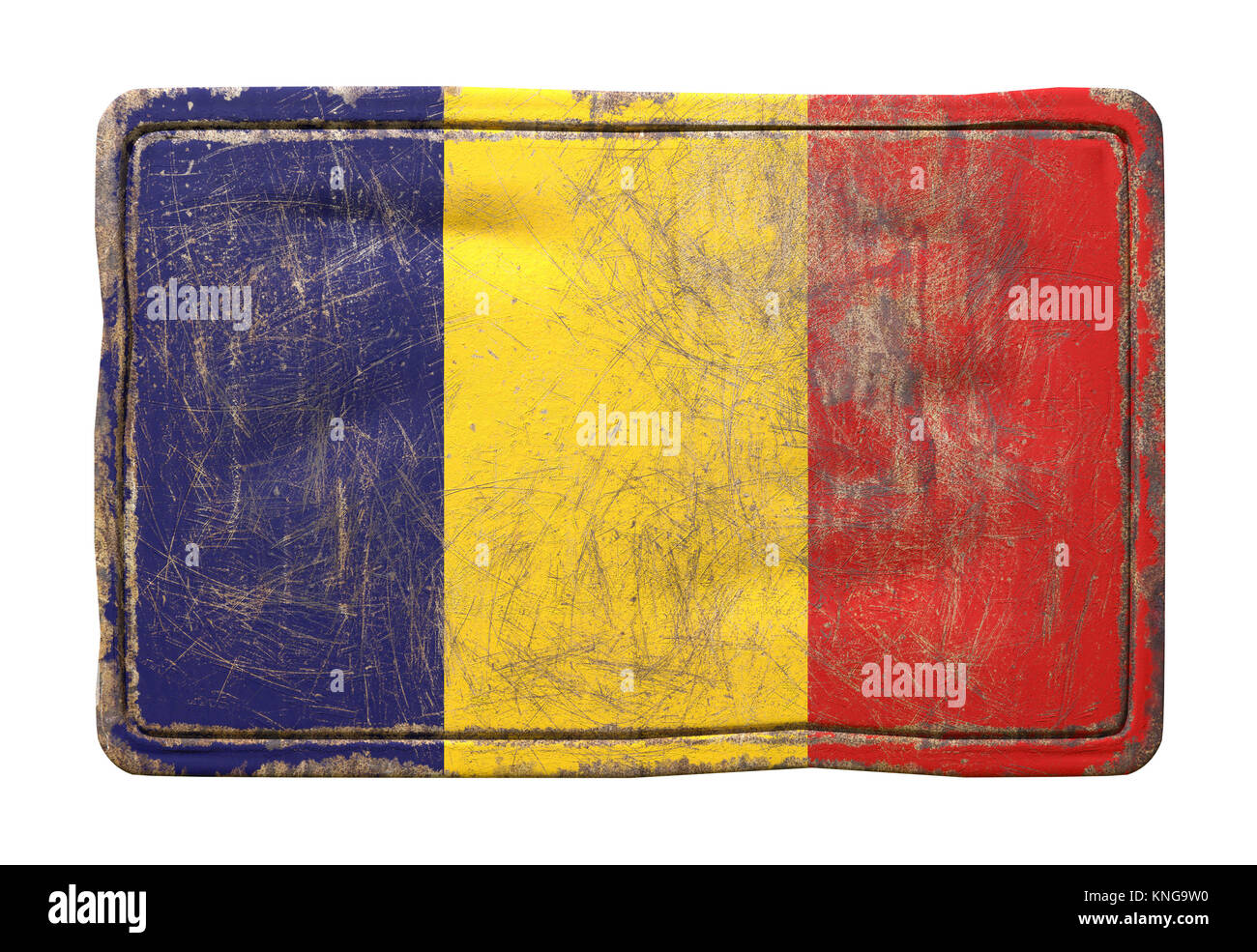 3d rendering of a Romania flag over a rusty metallic plate. Isolated on ...