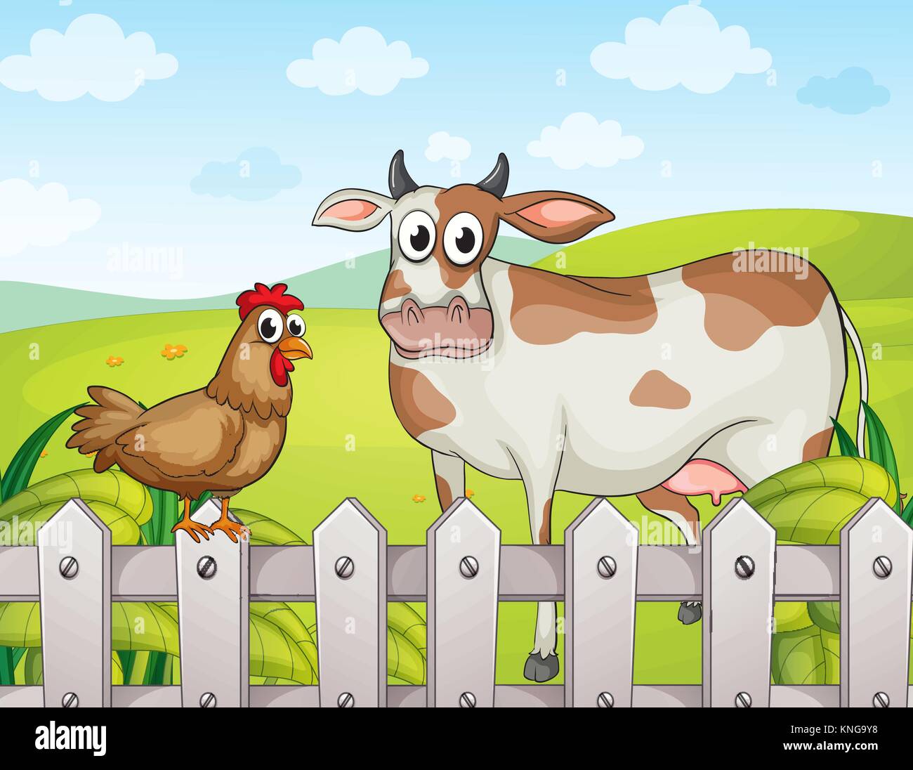 Illustration of a cow, a hen and a beautiful landscape Stock Vector ...