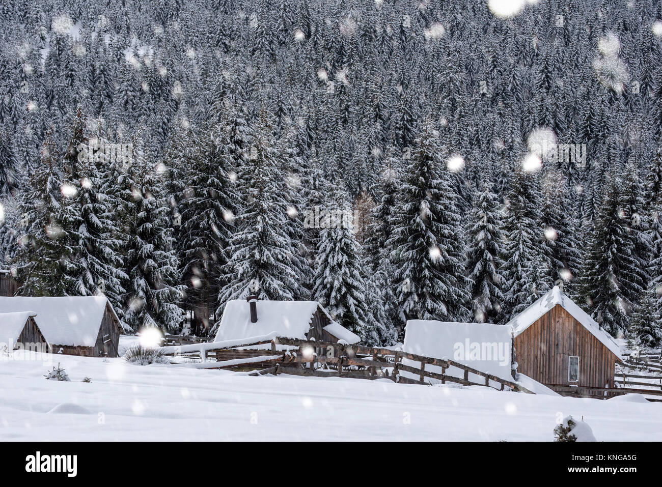 Small winter village in the mountains covered by snow during heavy ...