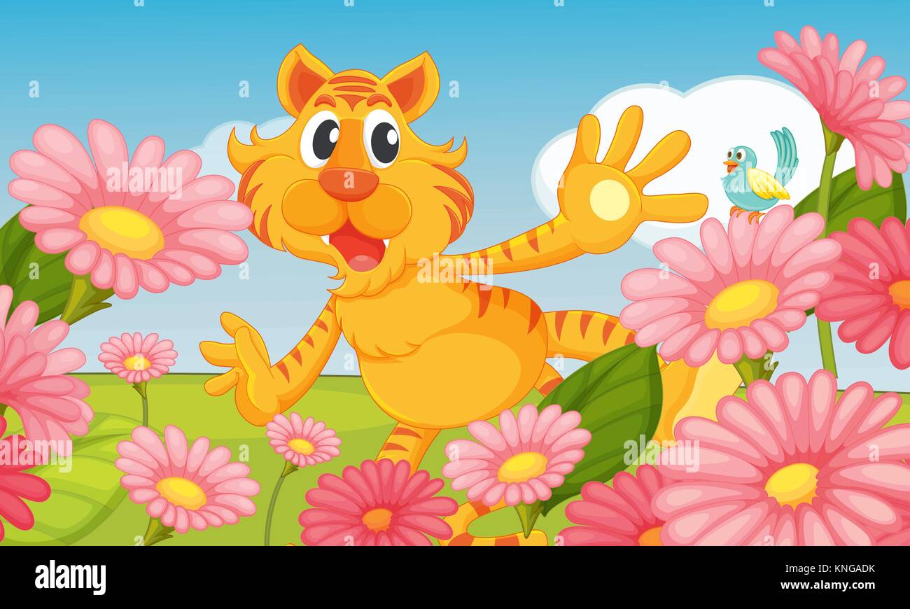 Illustration of a smiling tiger and a bird in a beautiful nature Stock ...