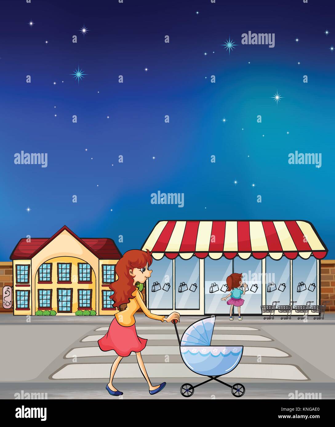 Illustration of a woman pushing a stroller Stock Vector Image & Art - Alamy