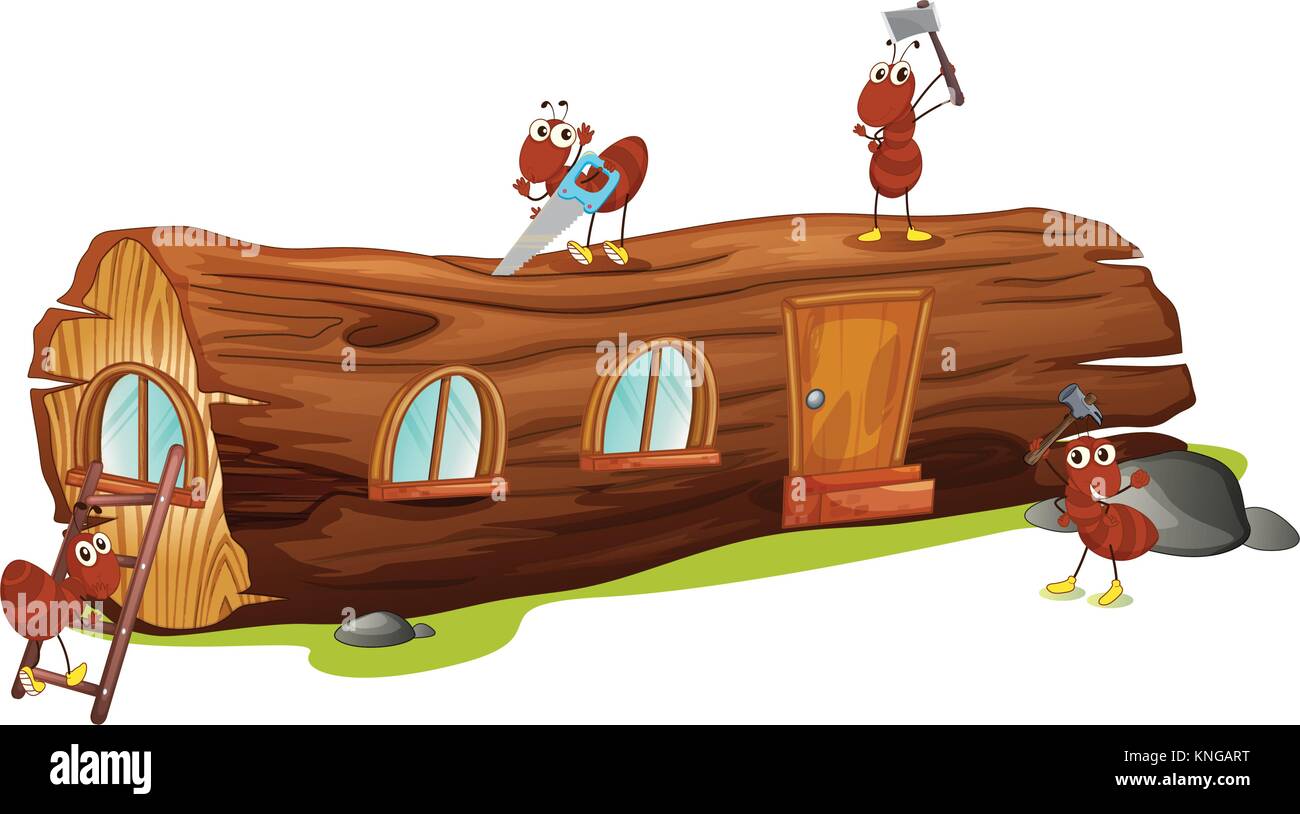 Illustration of ants and a wood house on a white background Stock ...