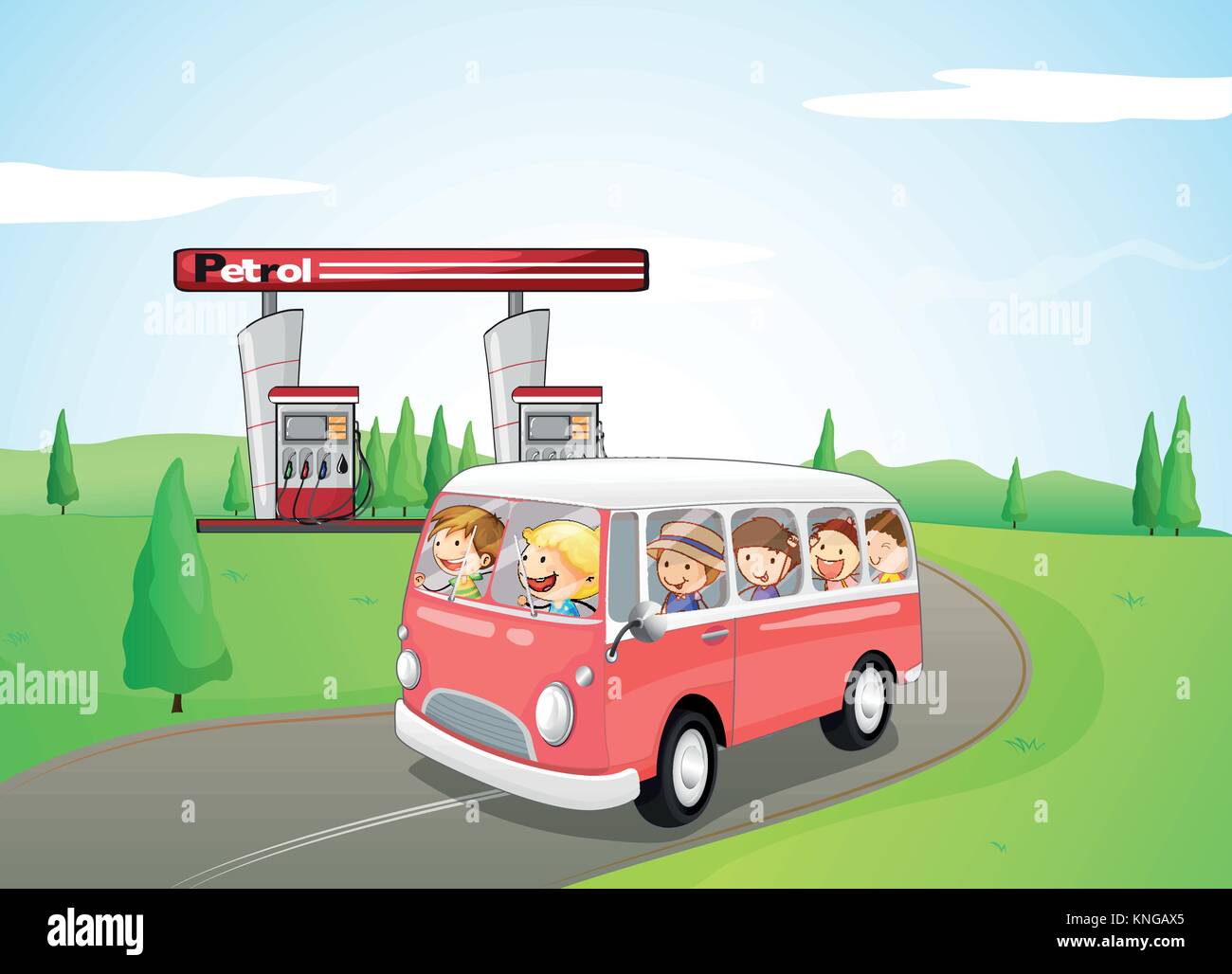 Illustration of a children riding on a bus wearing happy faces looking ...