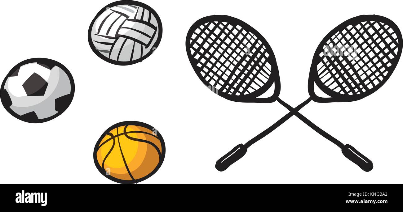 Illustration of various balls and rackets on a white background Stock ...