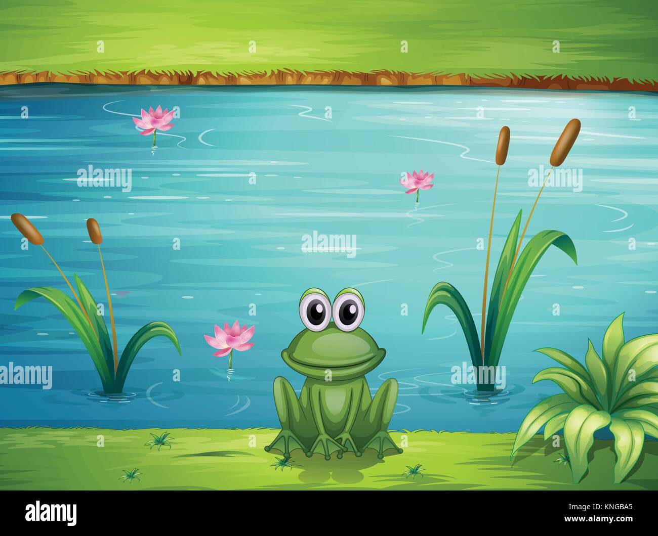 Illustration of a river and a frog in a beautiful landscape Stock ...