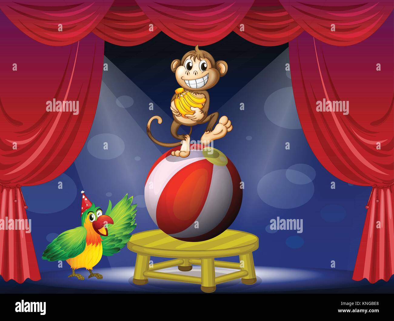 Illustration of a monkey standing on a ball and a bird in a circus ...