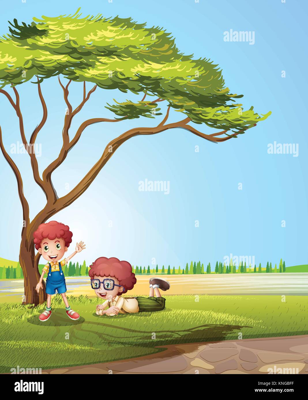 Illustration of smiling kids under a tree Stock Vector Image & Art - Alamy
