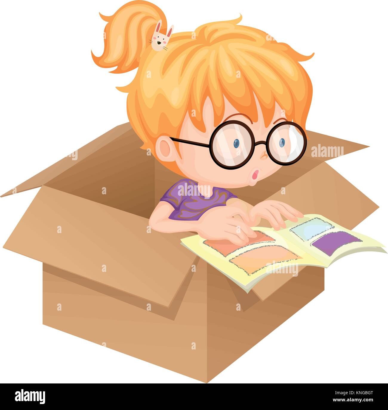 Illustration of a girl reading book in a box on white background Stock ...