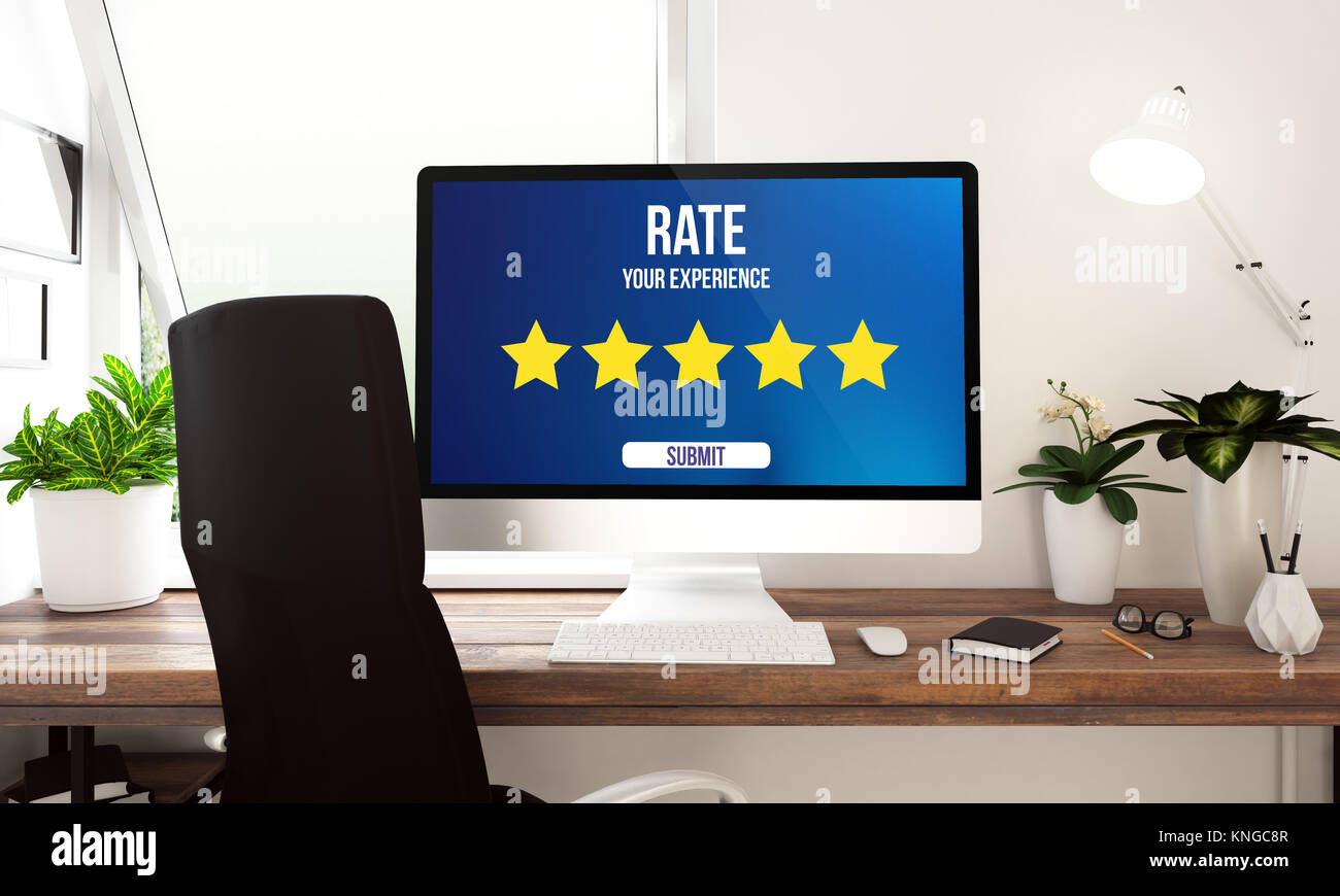 Computer with rating experience interface on table 3d rendering Stock ...