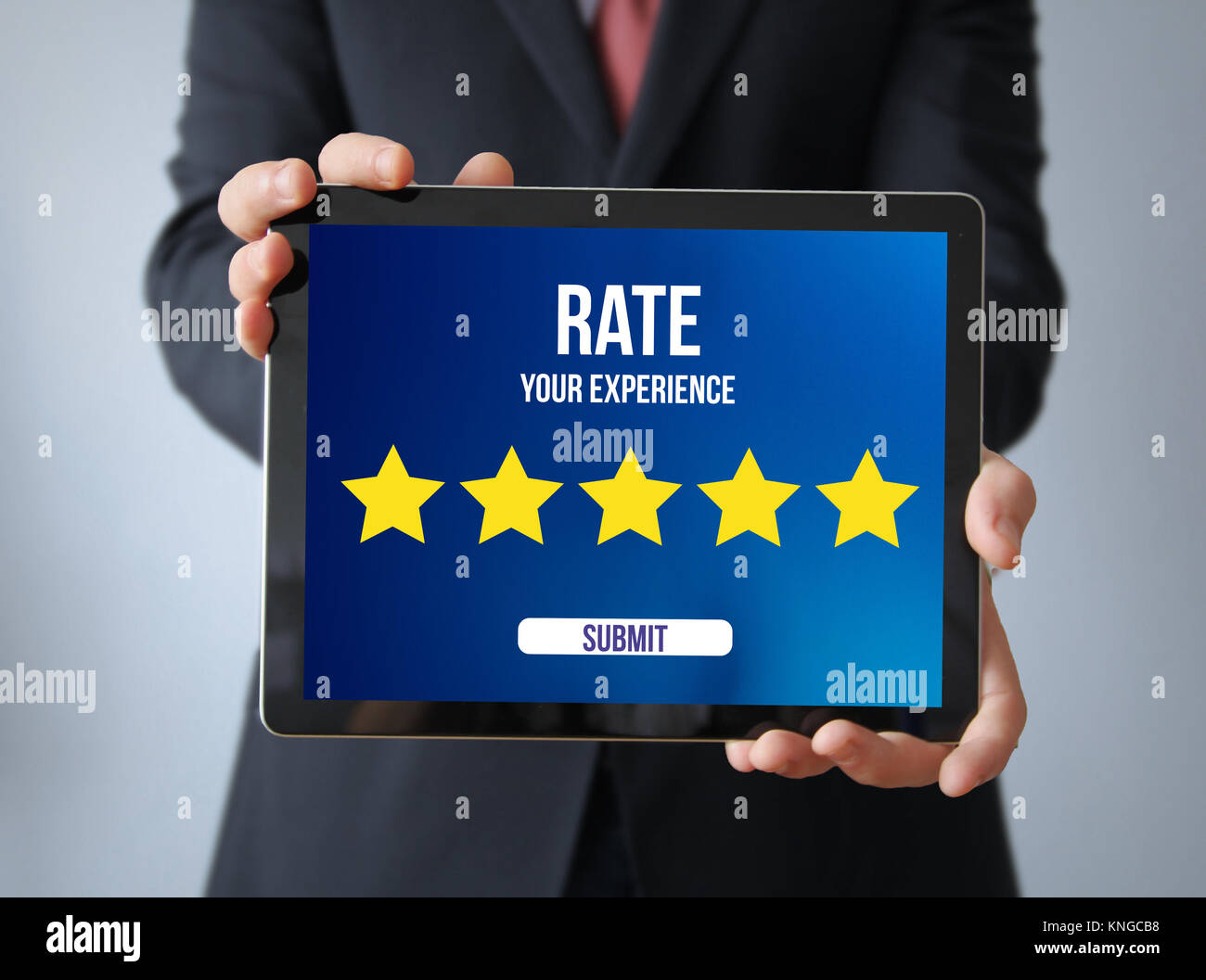 review concept: businessman with rating interface on a tablet. Screen ...