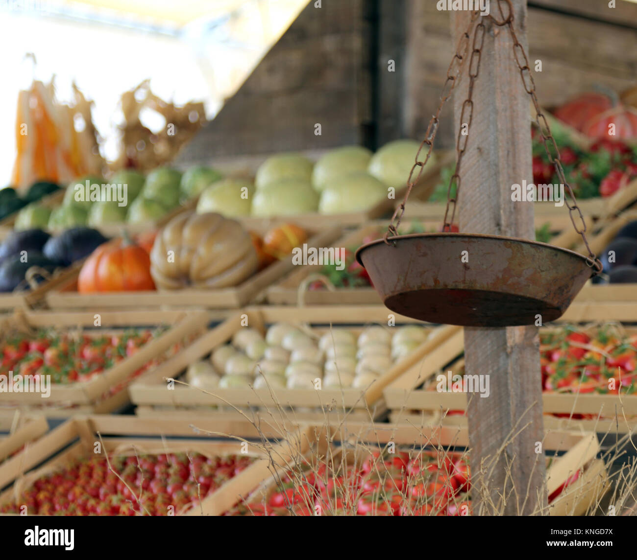 old rusty scales of a fruit and vegetable stall in the local market ...