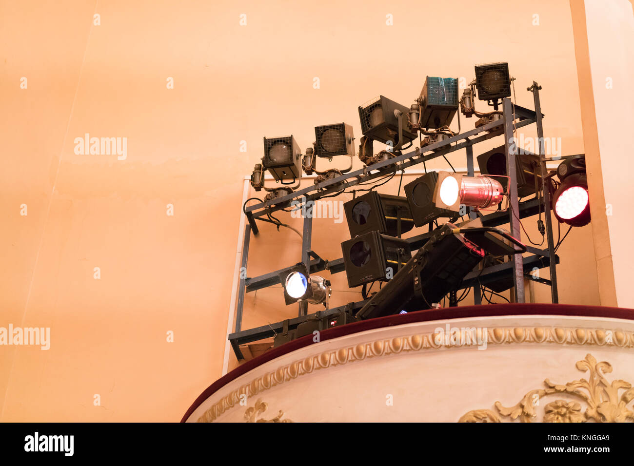 Stage lighting equipment. The direct rays of light in the haze Stock ...