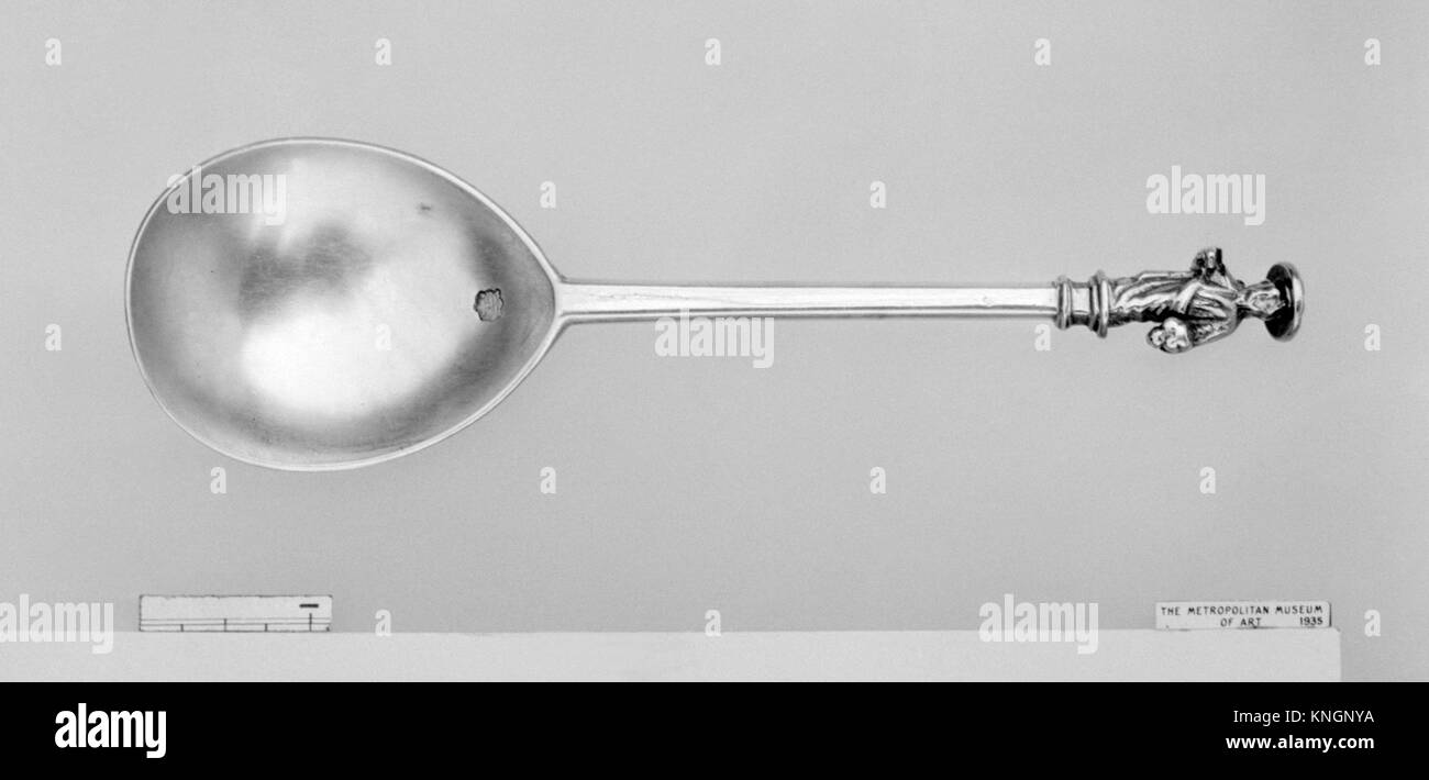 An apostle spoon, a type of ceremonial spoon featuring detailed figures ...