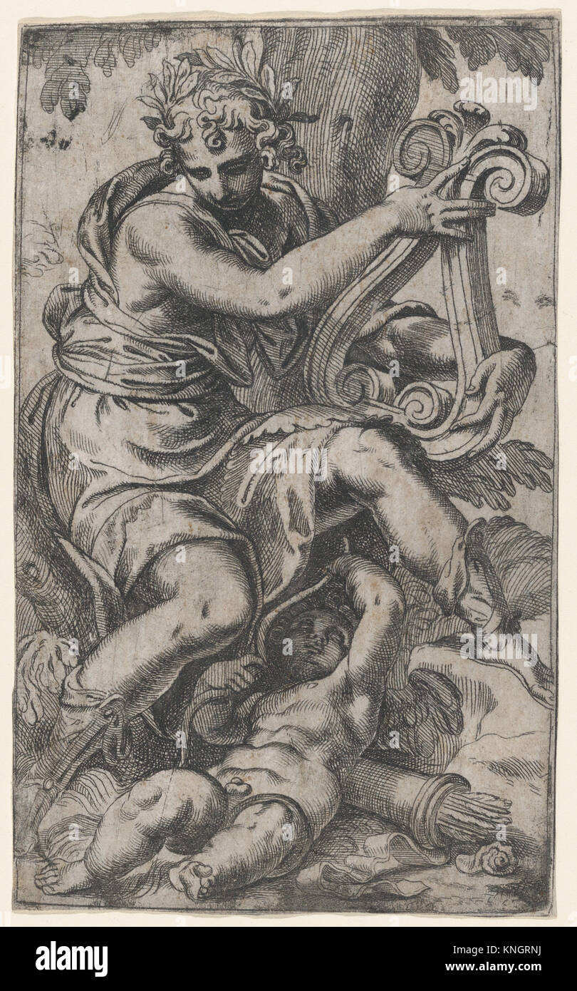 This artwork depicts the classical figures Apollo with his lyre, and ...