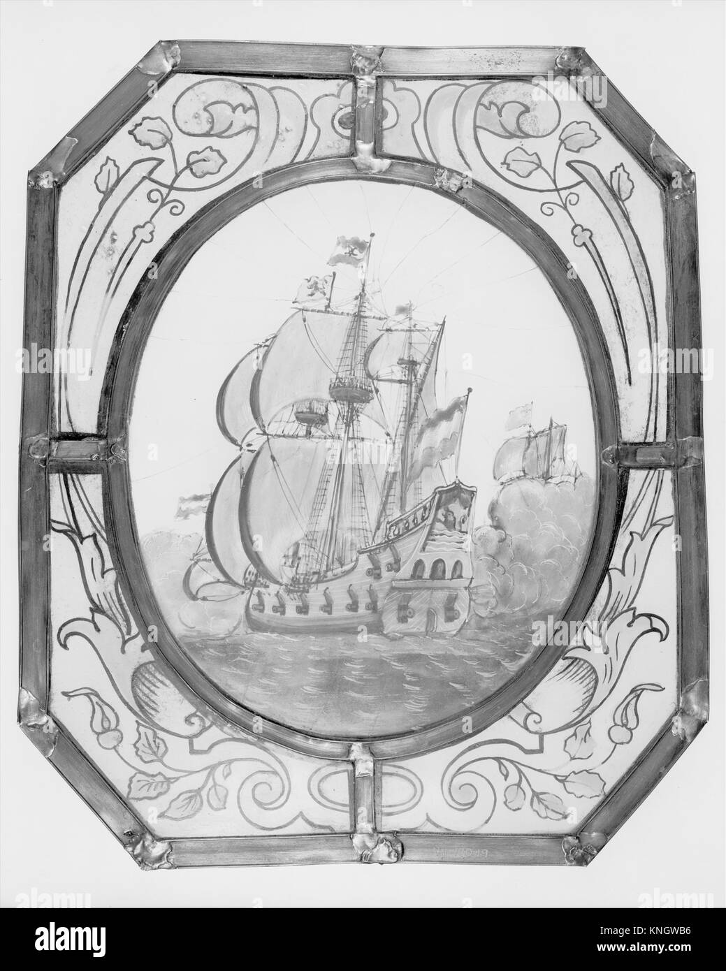 This painting depicts a naval battle between two warships, illustrating ...