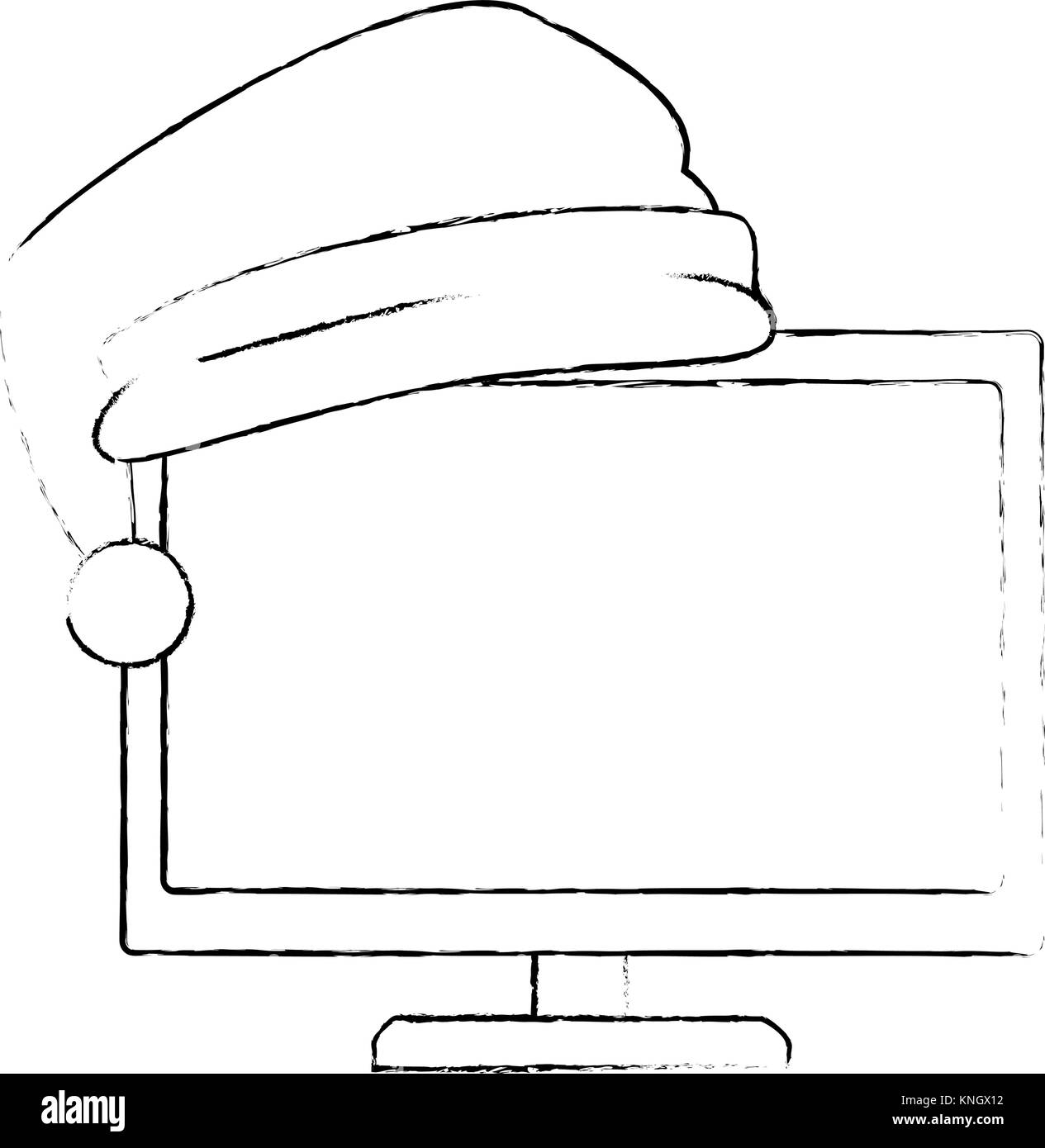 monitor computer with christmas hat vector illustration design Stock ...
