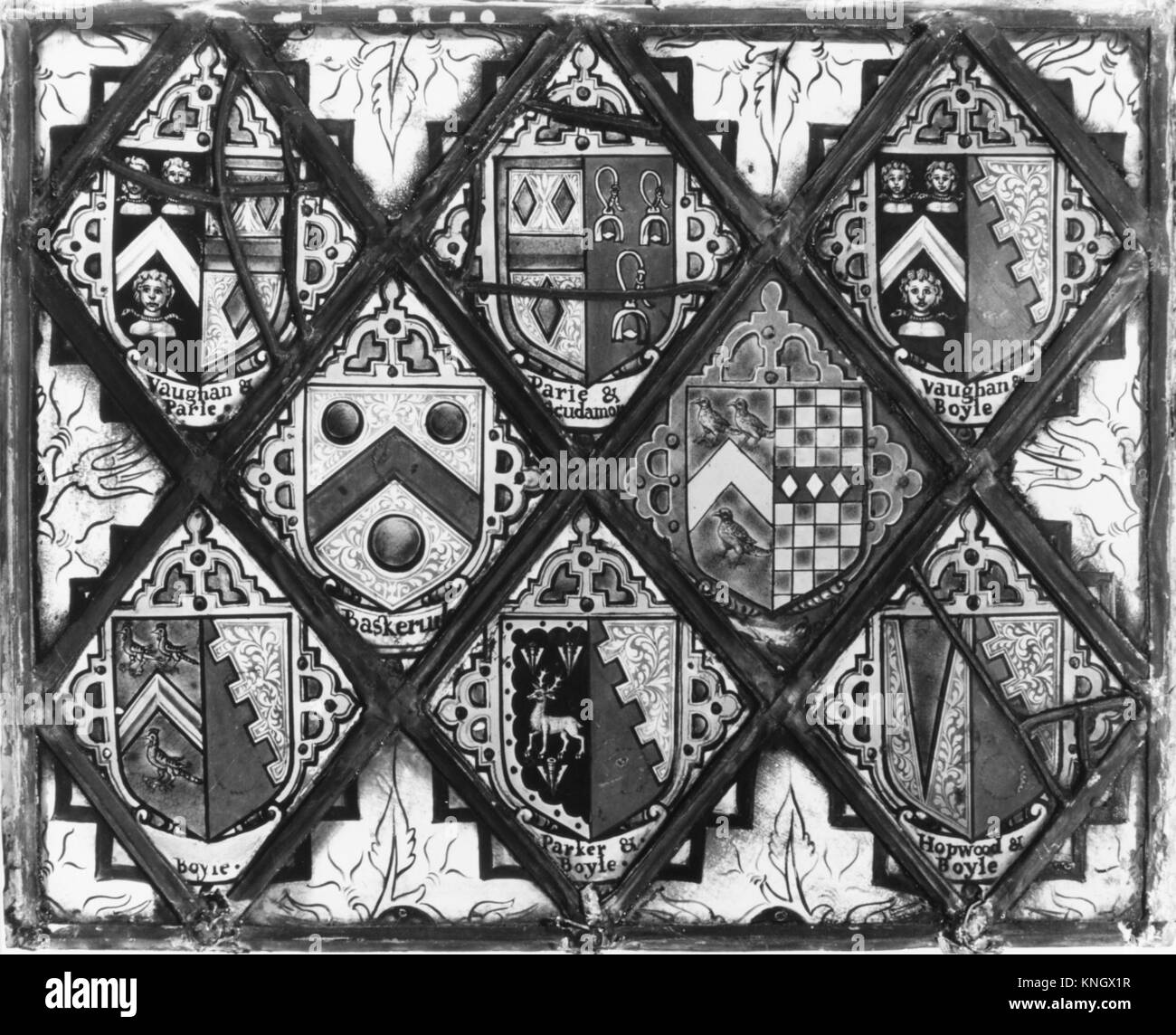 This piece displays eight heraldic quarries with symbols of European ...