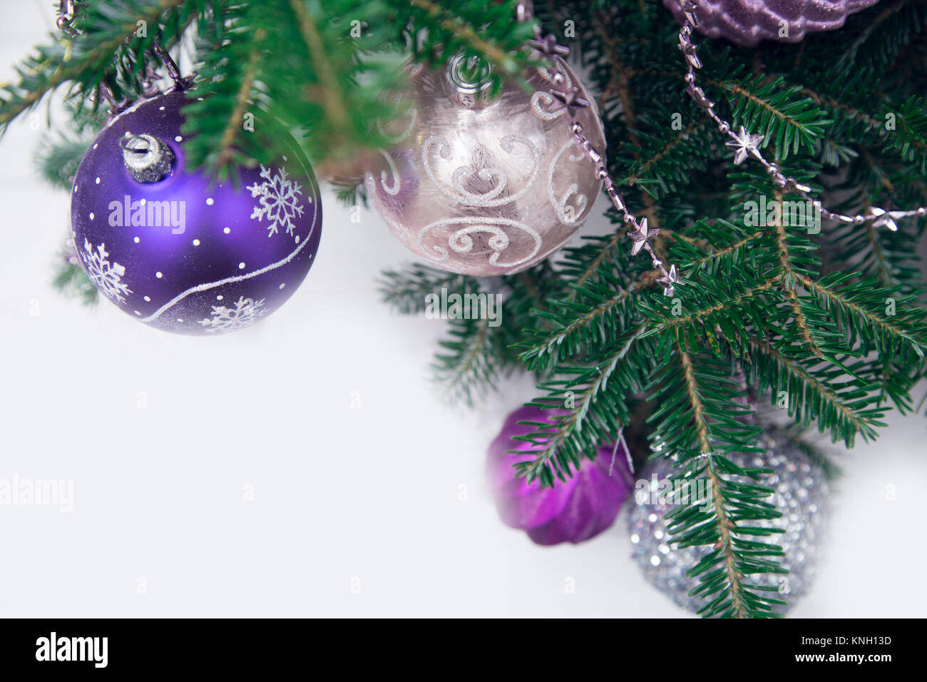 Fir tree branch with pink and purple balls made of glass and a chain of ...