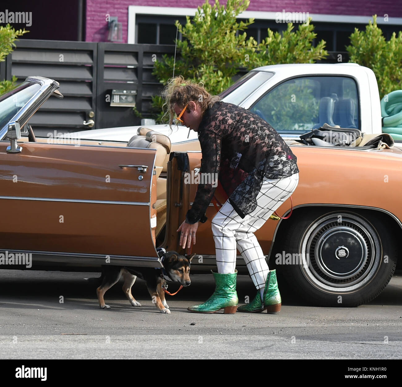 Mod Sun arrives in a vintage Cadillac Eldorado convertible with his dog ...