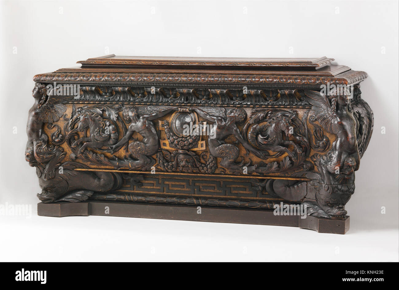 This ornate cassone, part of a matching pair, features intricate ...