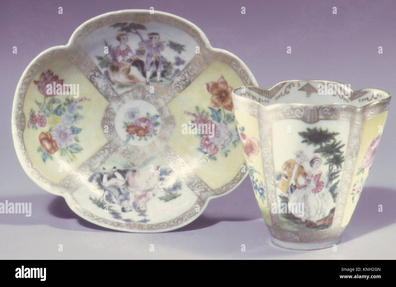 This cup and saucer set is part of a pair, crafted with fine materials ...