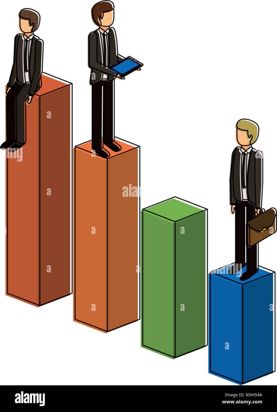 different businessman standing on bar charts their financial status ...