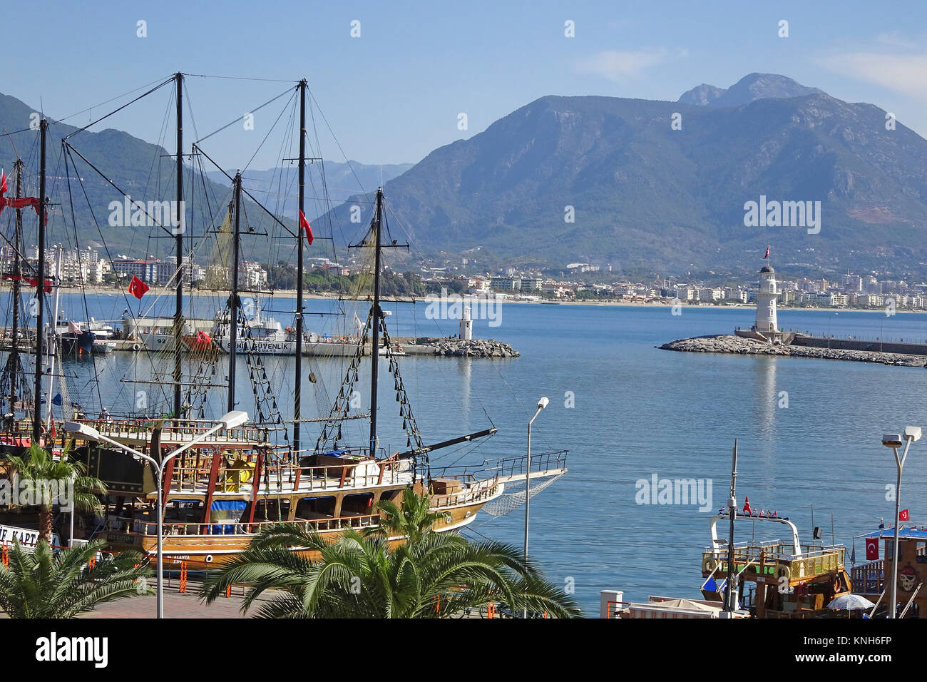 Excursion vessels at the harbour of Alanya, turkish riviera, Turkey ...