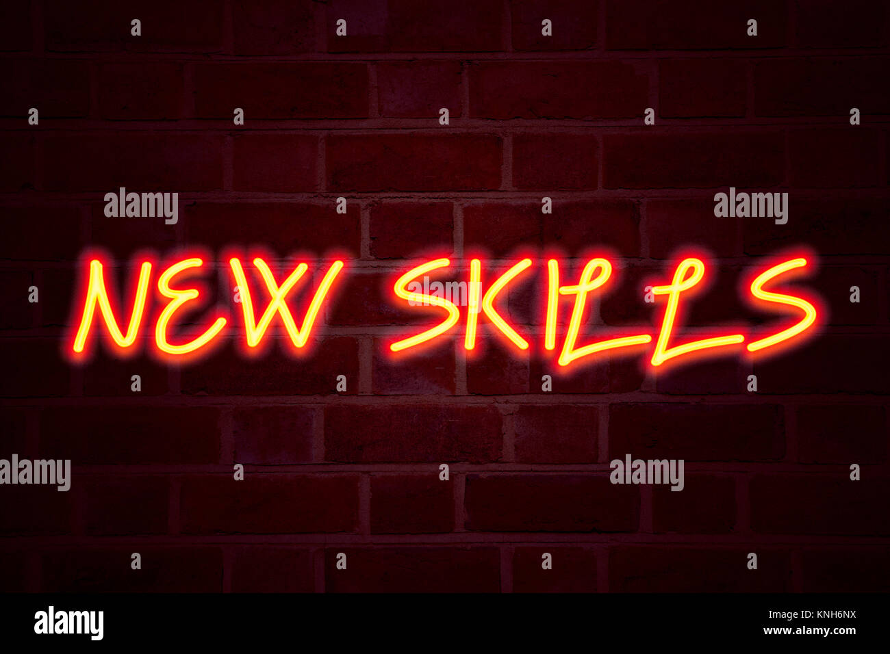 New Skills neon sign on brick wall background. Fluorescent Neon tube ...